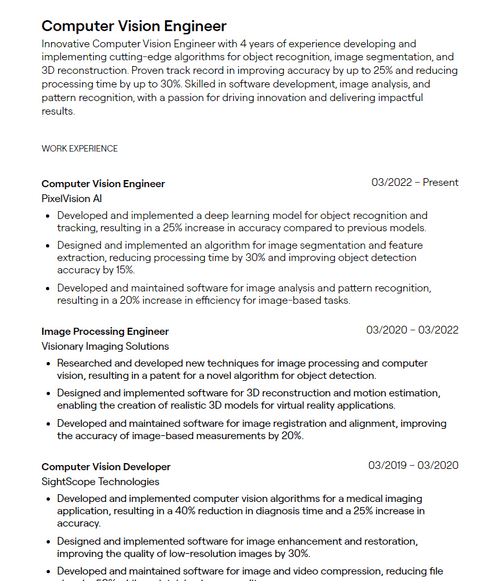 2+ Computer Vision Engineer Resume Examples [with Guidance]